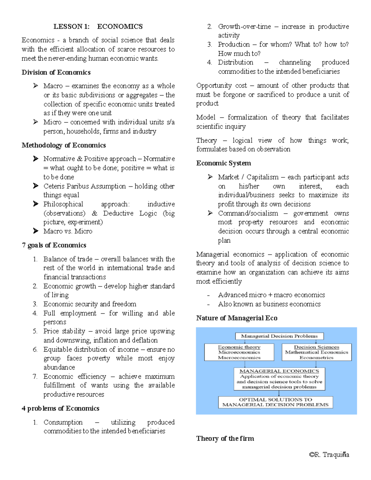 Managerial Economics - Midterm reviewer - LESSON 1: ECONOMICS Economics ...