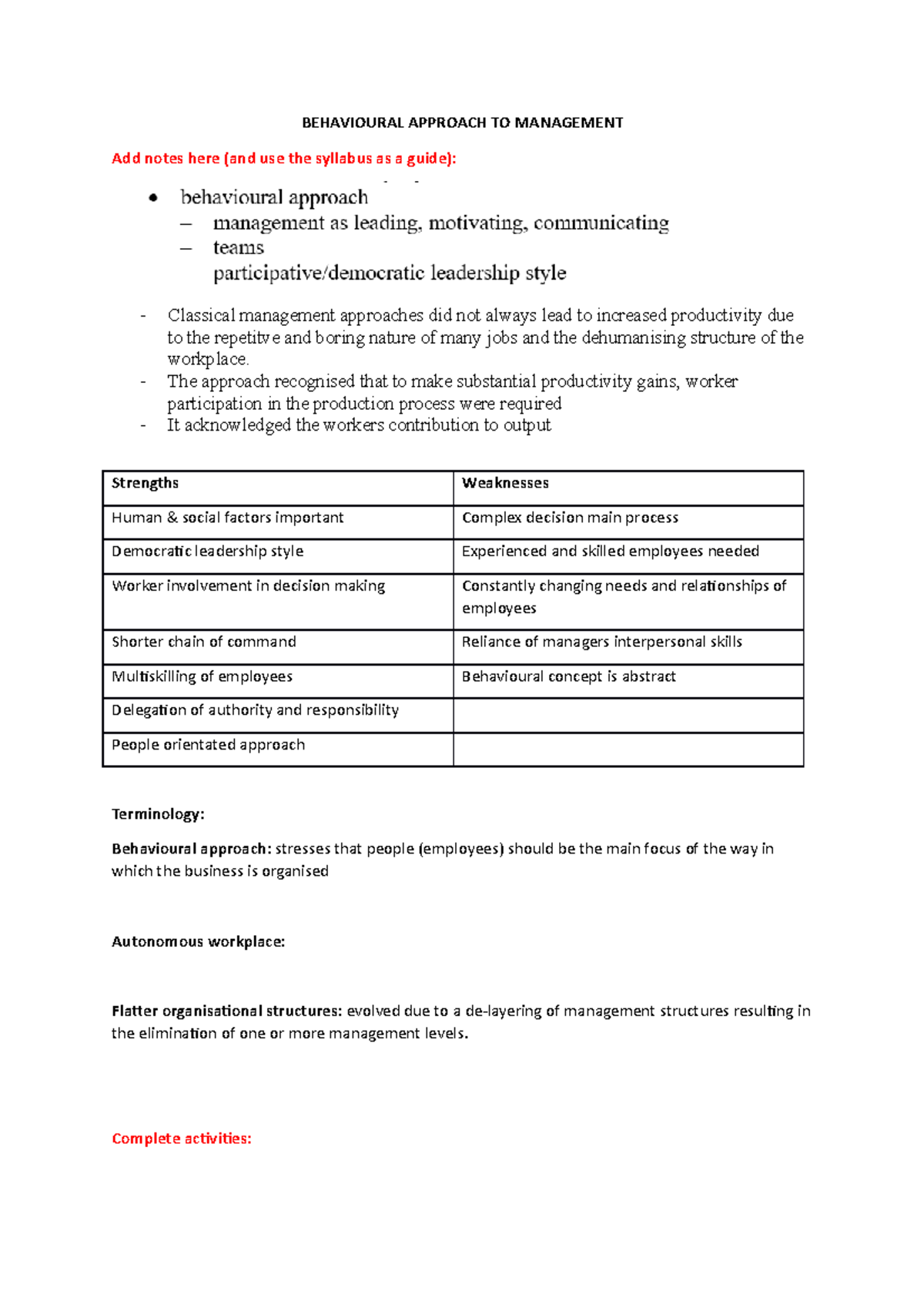2020 P BS - Behavioural approach to management Notes (Sophie Meldrum ...