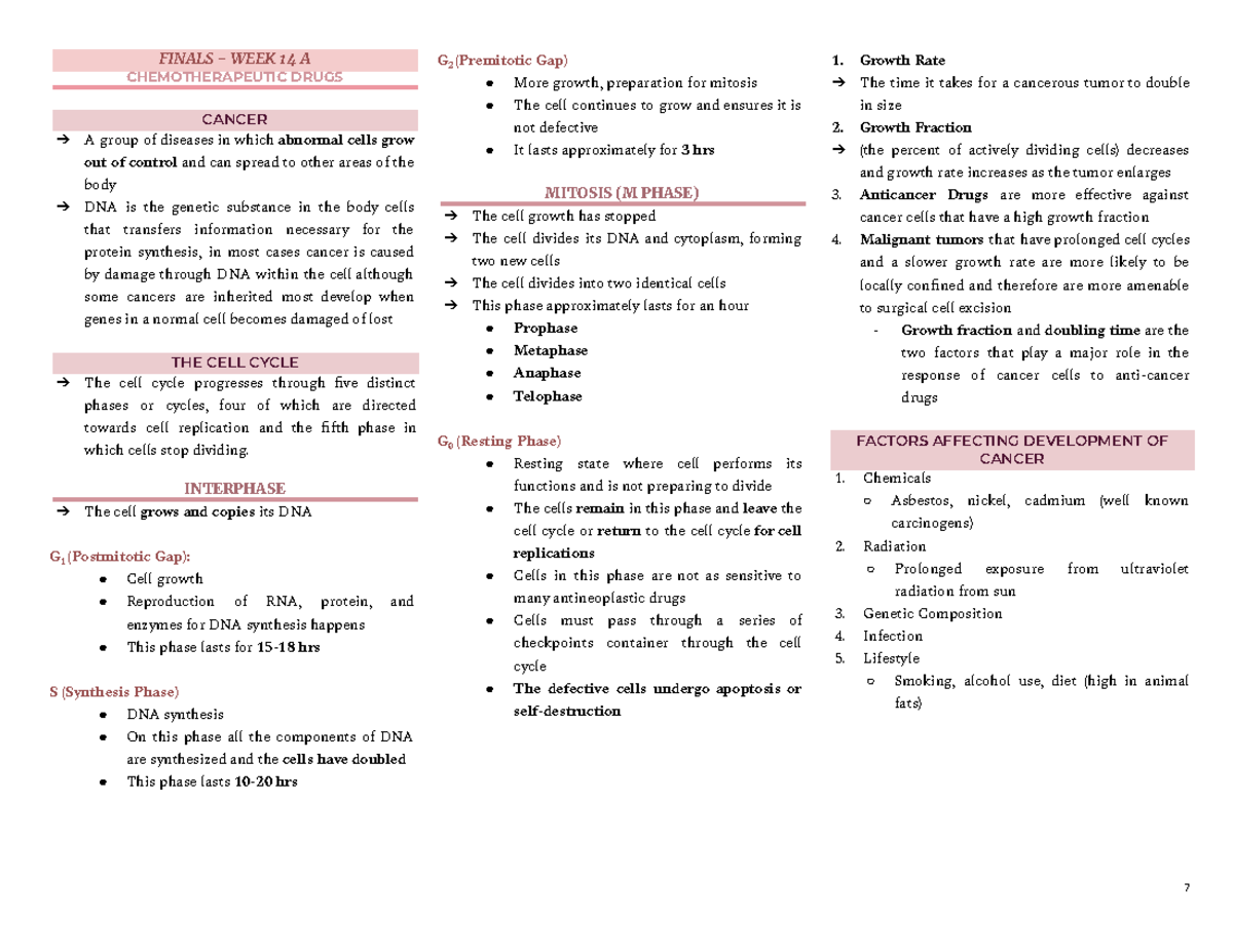 pharmacology lecture guide - FINALS - WEEK 14 A CHEMOTHERAPEUTIC DRUGS CANCER A group of ...