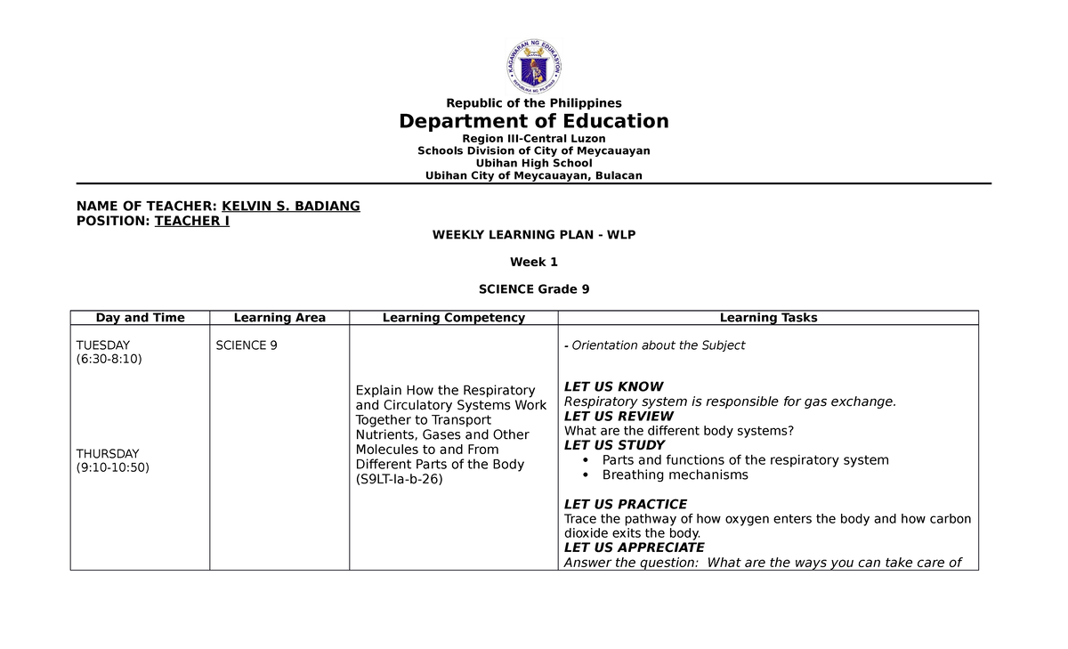 Science 9-WLP1-2 Q1 - Sample lesson plan - Department of Education ...