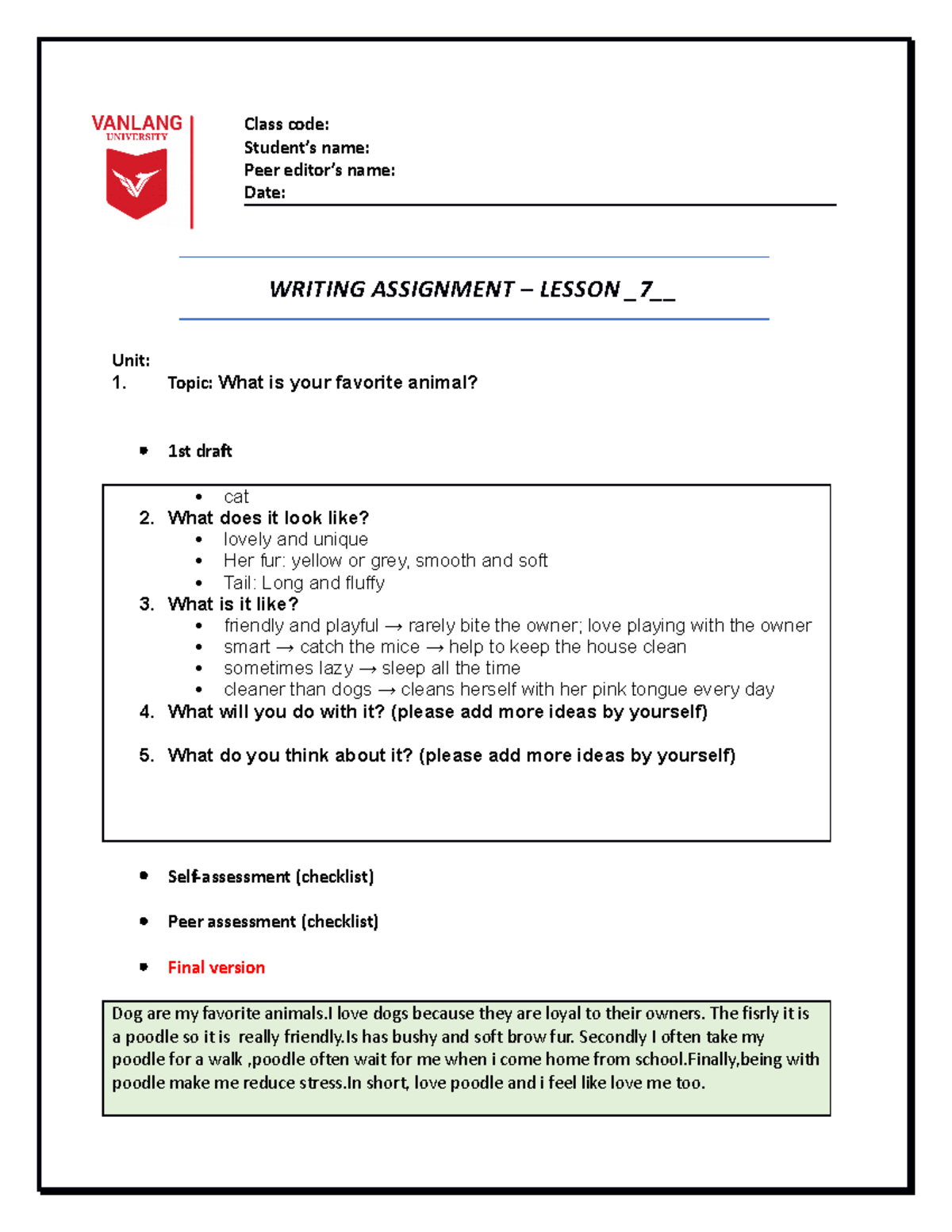 Template Writing assignment 12 - Class code: Student’s name: Peer editor’s name: Date: WRITING ...