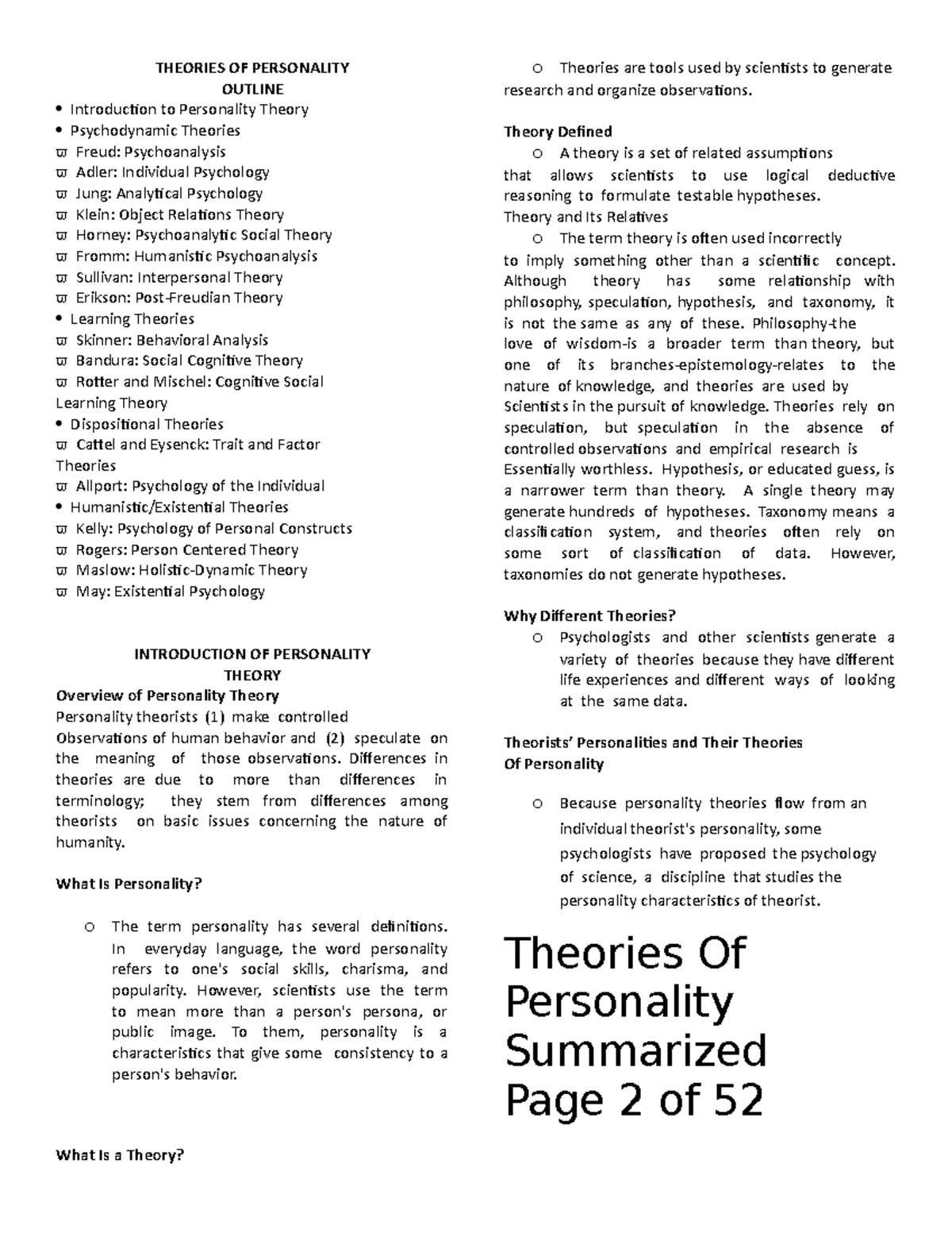 Theories OF Personality - THEORIES OF PERSONALITY OUTLINE Introduction ...
