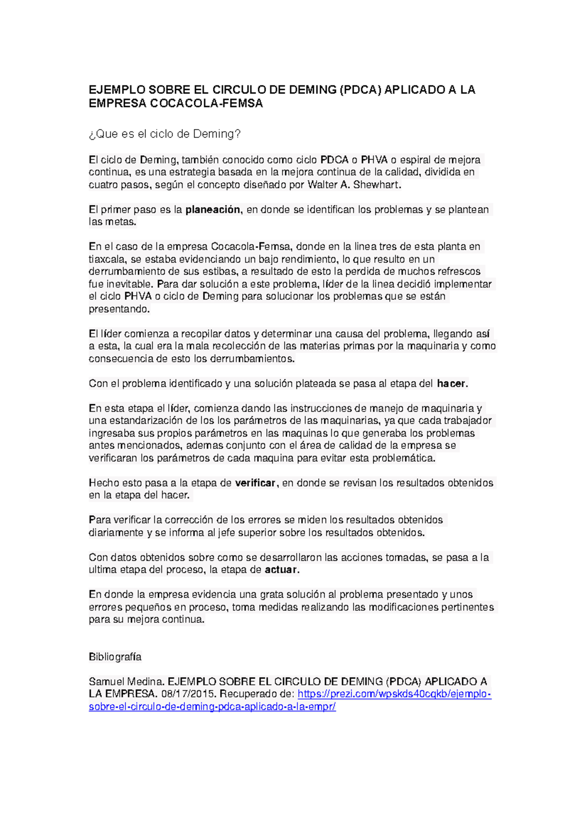 Ejemplo Sobre EL Circulo DE Deming - EJEMPLO SOBRE EL CIRCULO DE DEMING ...
