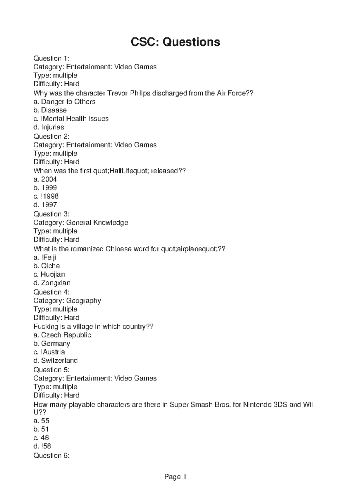 CSC106 Extra Credit 8 - CSC: Questions Question 1: Category ...