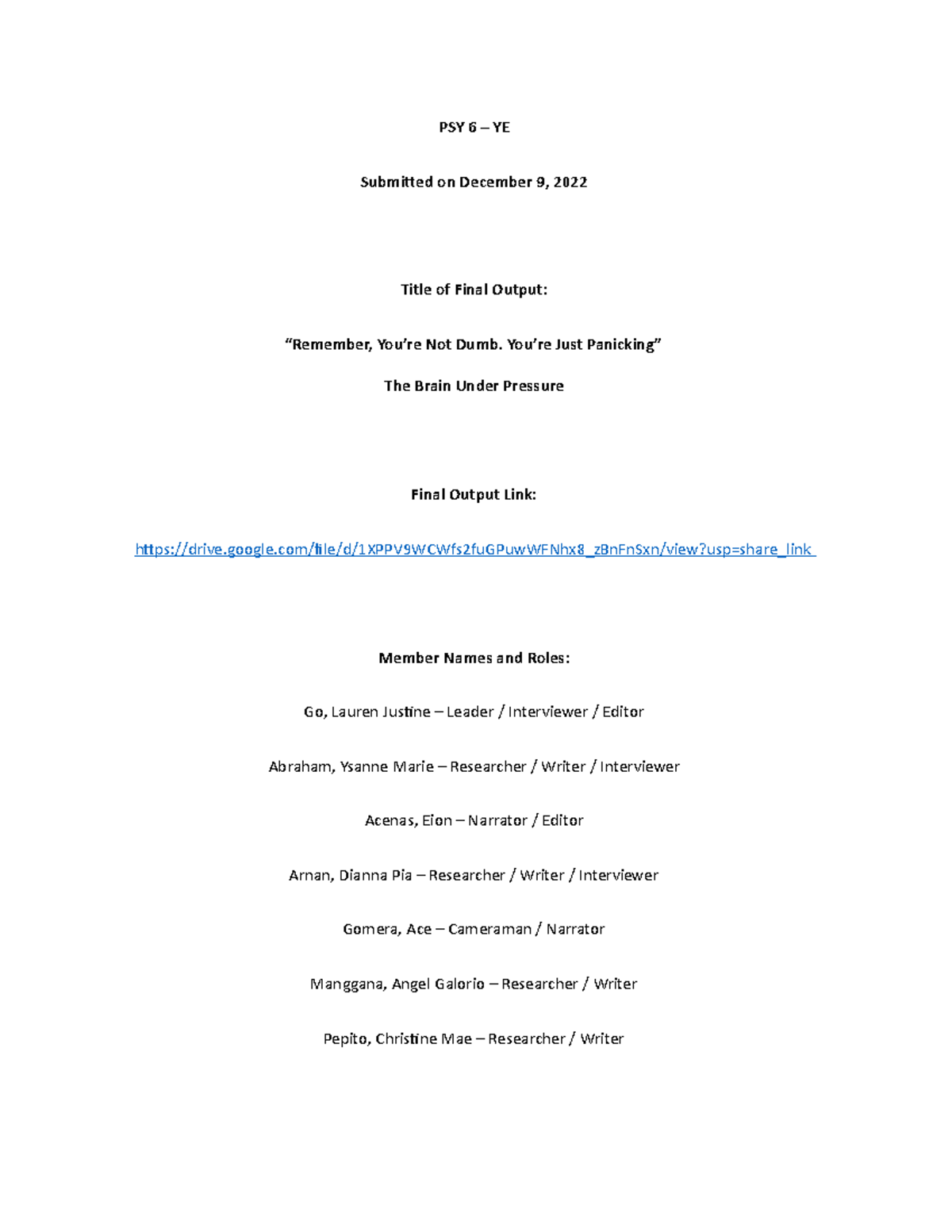 PSY6Finals G4 - Lectures - PSY 6 – YE Submitted on December 9, 2022 ...