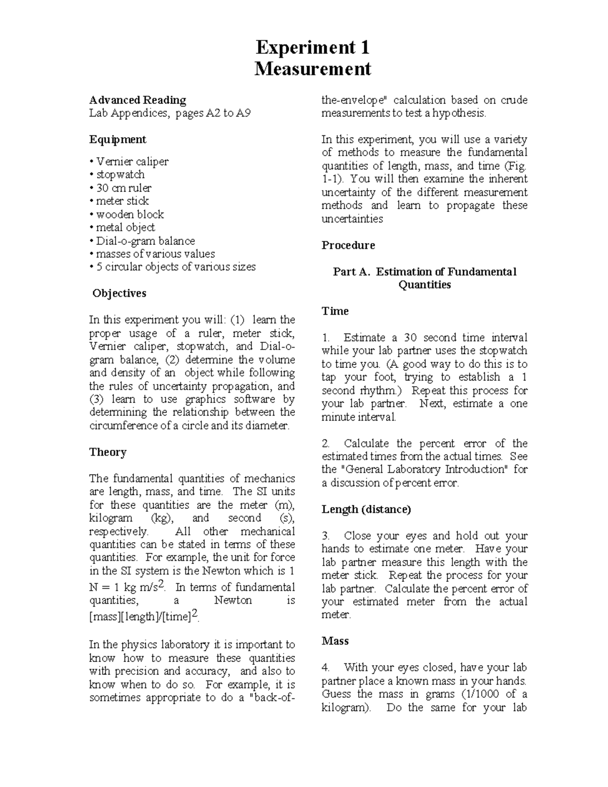 1 221 Measurement Lab - Yep fr - Experiment 1 Measurement Advanced Reading Lab Appendices, pages ...