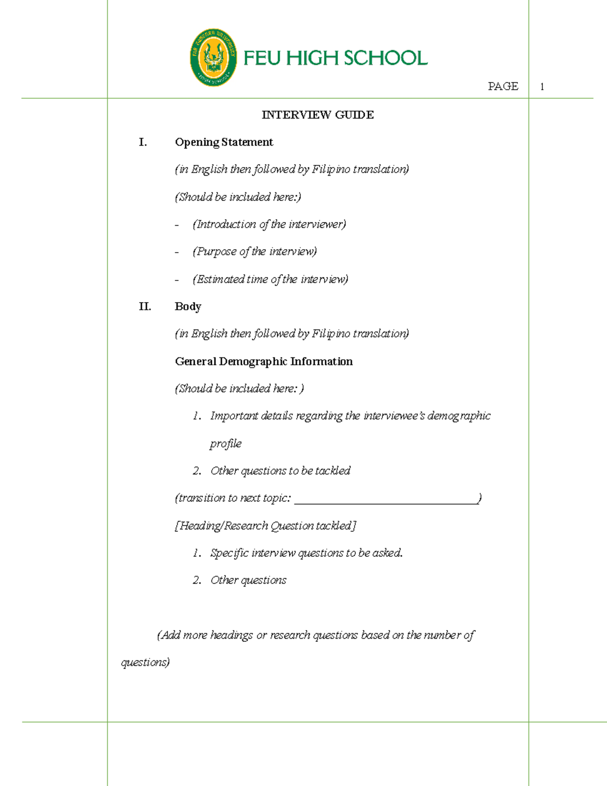 Interview- Guide- Template - PAGE INTERVIEW GUIDE I. Opening Statement ...