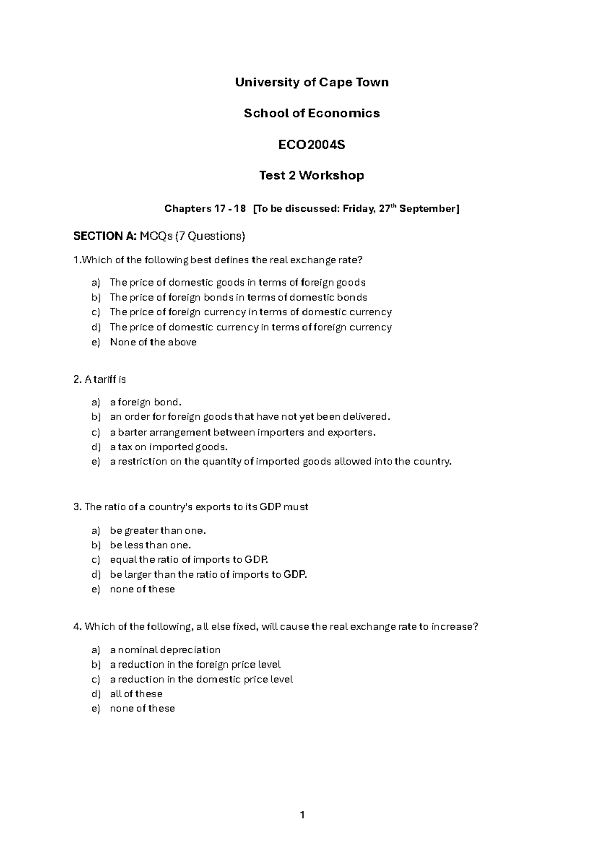 ECO2004 S Test 2 Workshop (Chapter 17 -18) - 1 University of Cape Town ...