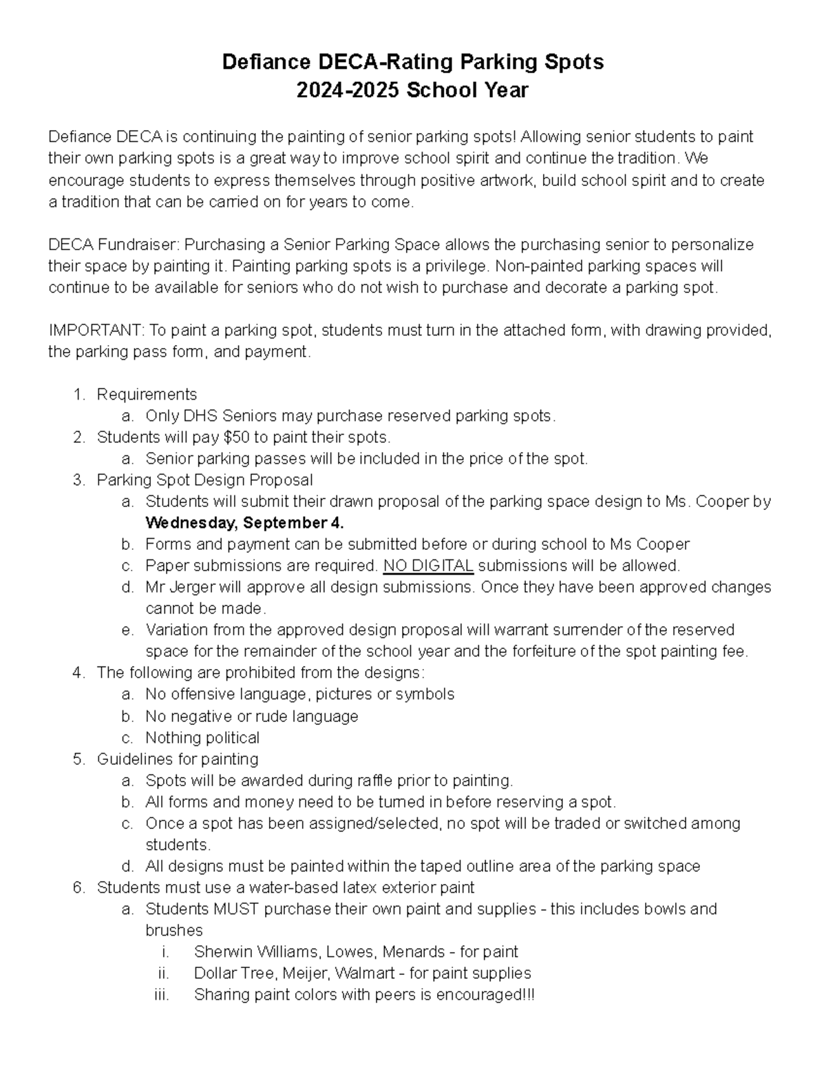 Senior Parking Spot Form - Defiance DECA-Rating Parking Spots 2024-2025 ...