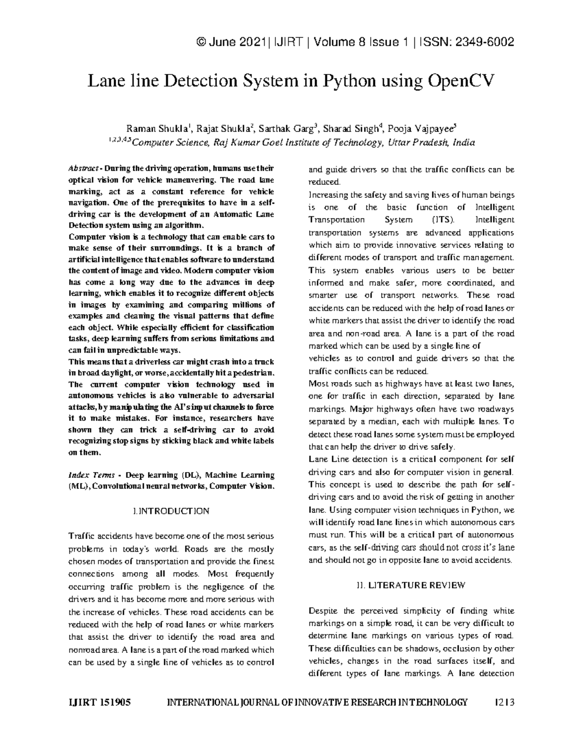 Ijirt 151905 Paper - lecture - Lane line Detection System in Python ...