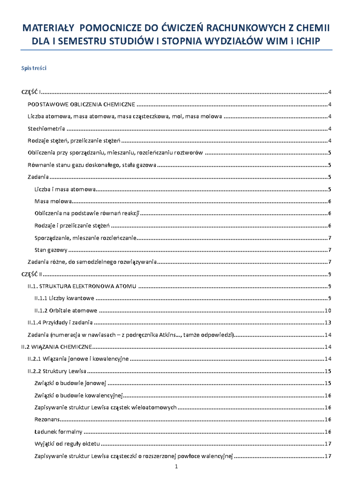 Materiały pomocnicze do ćwiczeń rachunkowych Chemia WIM Ichip 2016-2017 ...