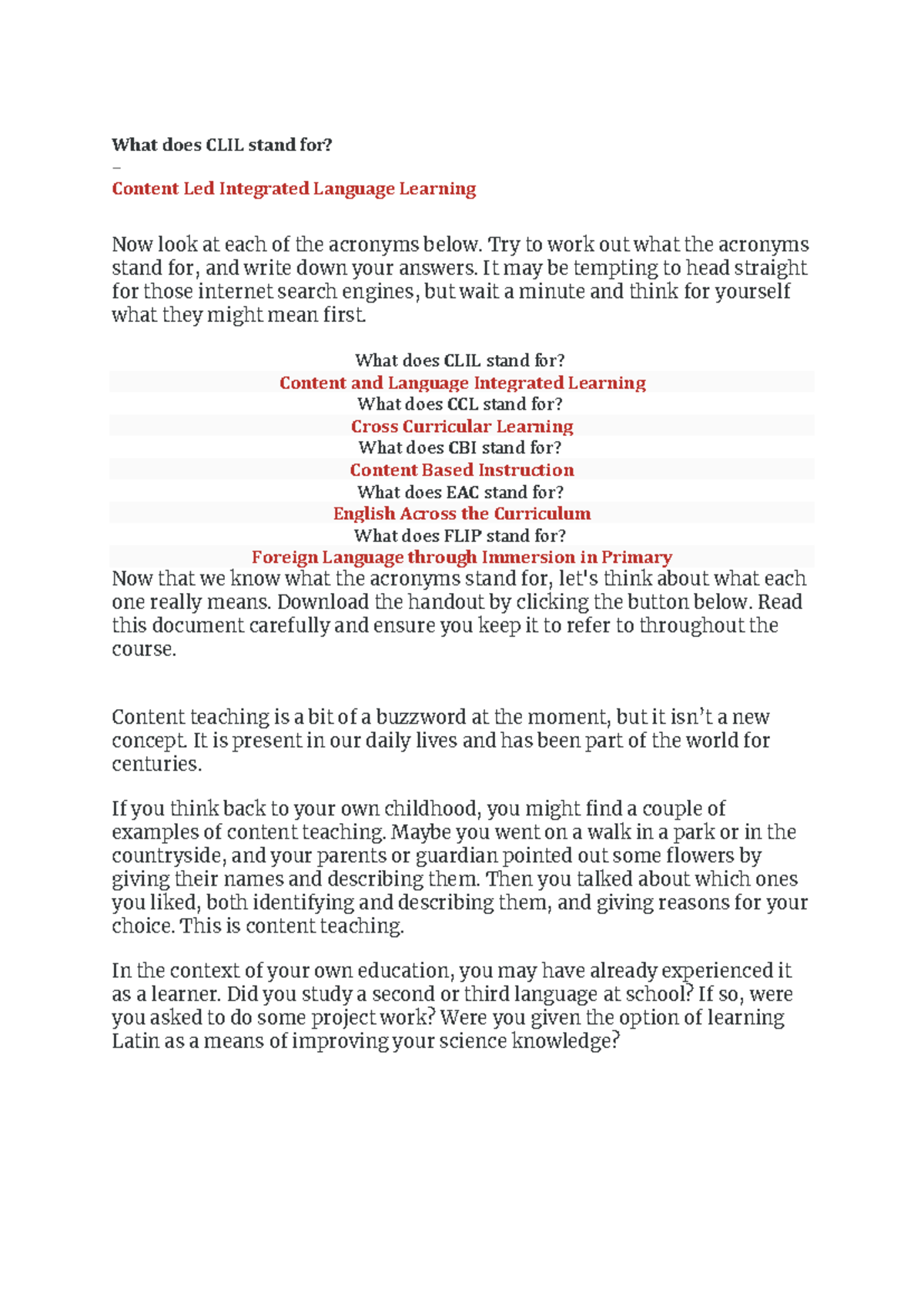 TOSE Assignment Notes - What does CLIL stand for? – Content Led ...