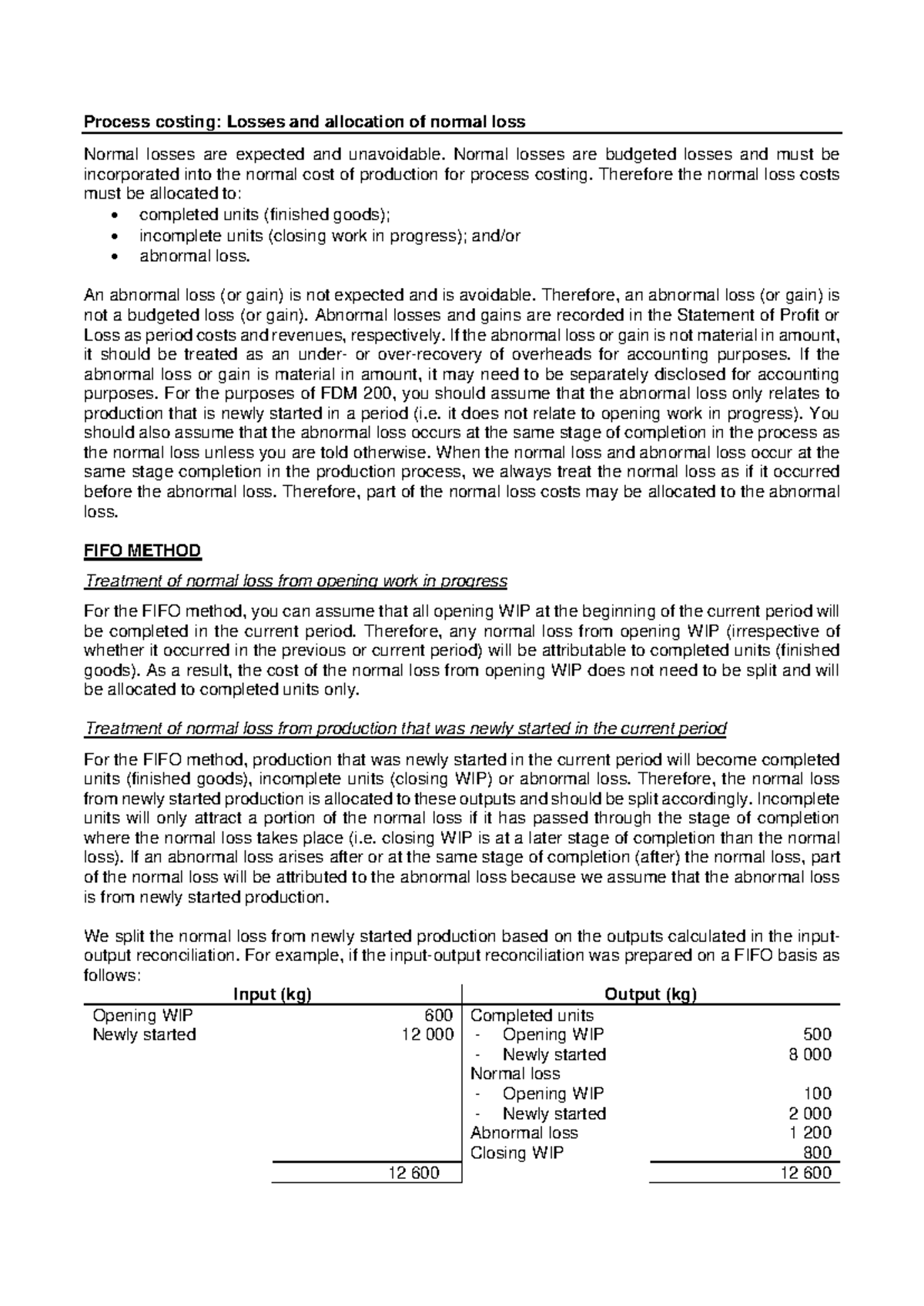 2024 FDM 200 PC Allocation of normal loss Notes - Process costing ...