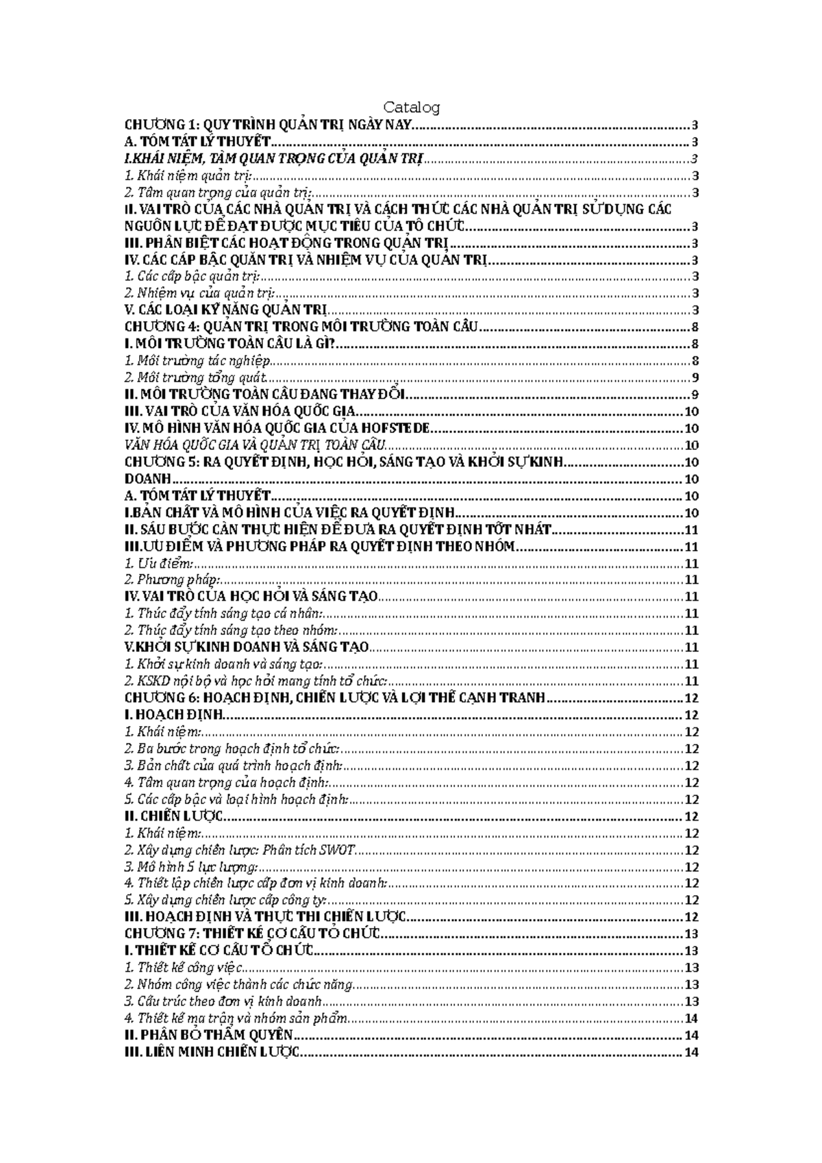 ôn thi cuối kì QTH - Tự soạn - Catalog CH NG 1: QUY TRÌNH QU N TR NGÀY NAYƯƠ Ả Ị - Studocu