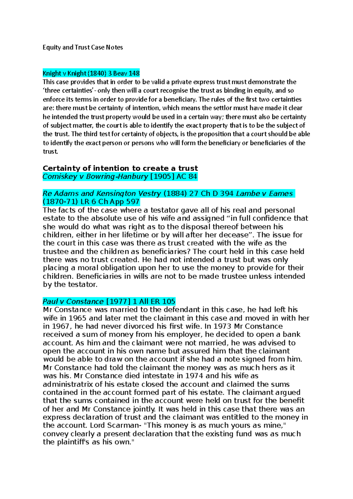 Equity and Trust Case Notes - Equity and Trust Case Notes Knight v ...