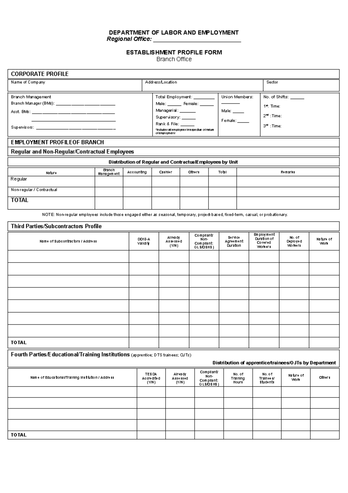 Establishment Profile Form Branch Office - DEPARTMENT OF LABOR AND ...