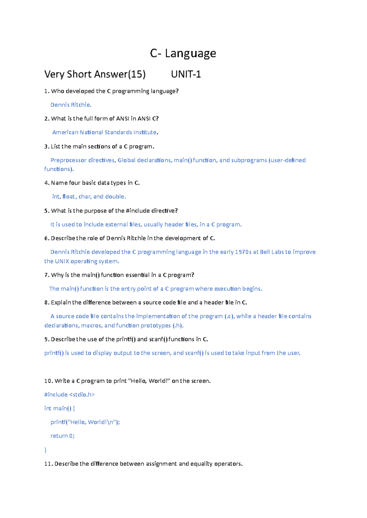 C Ques C Language Very Short Answer15 Unit 1 Who Developed The C Programming Language