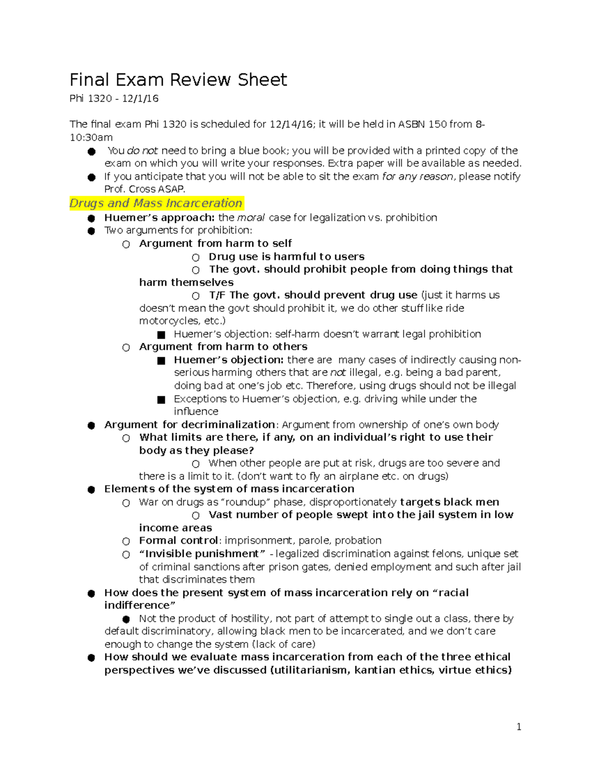 Final Exam Review Sheet - Extra paper will be available as needed. If ...