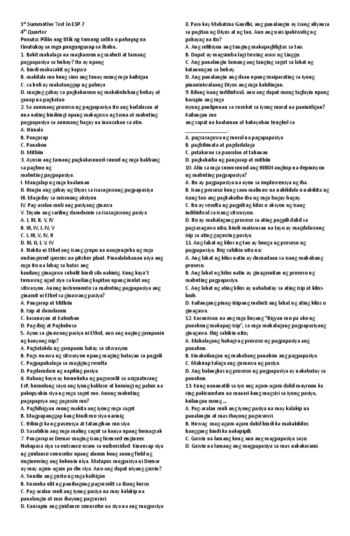 1st Summative Test in ESP 7 - 1 st Summative Test in ESP 7 4 th Quarter ...