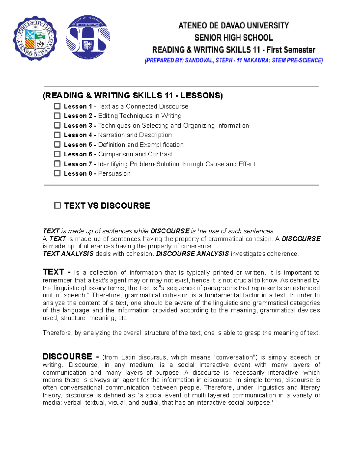 Reading Writing Skills 11 Notes 1ST Semester - (READING & WRITING ...