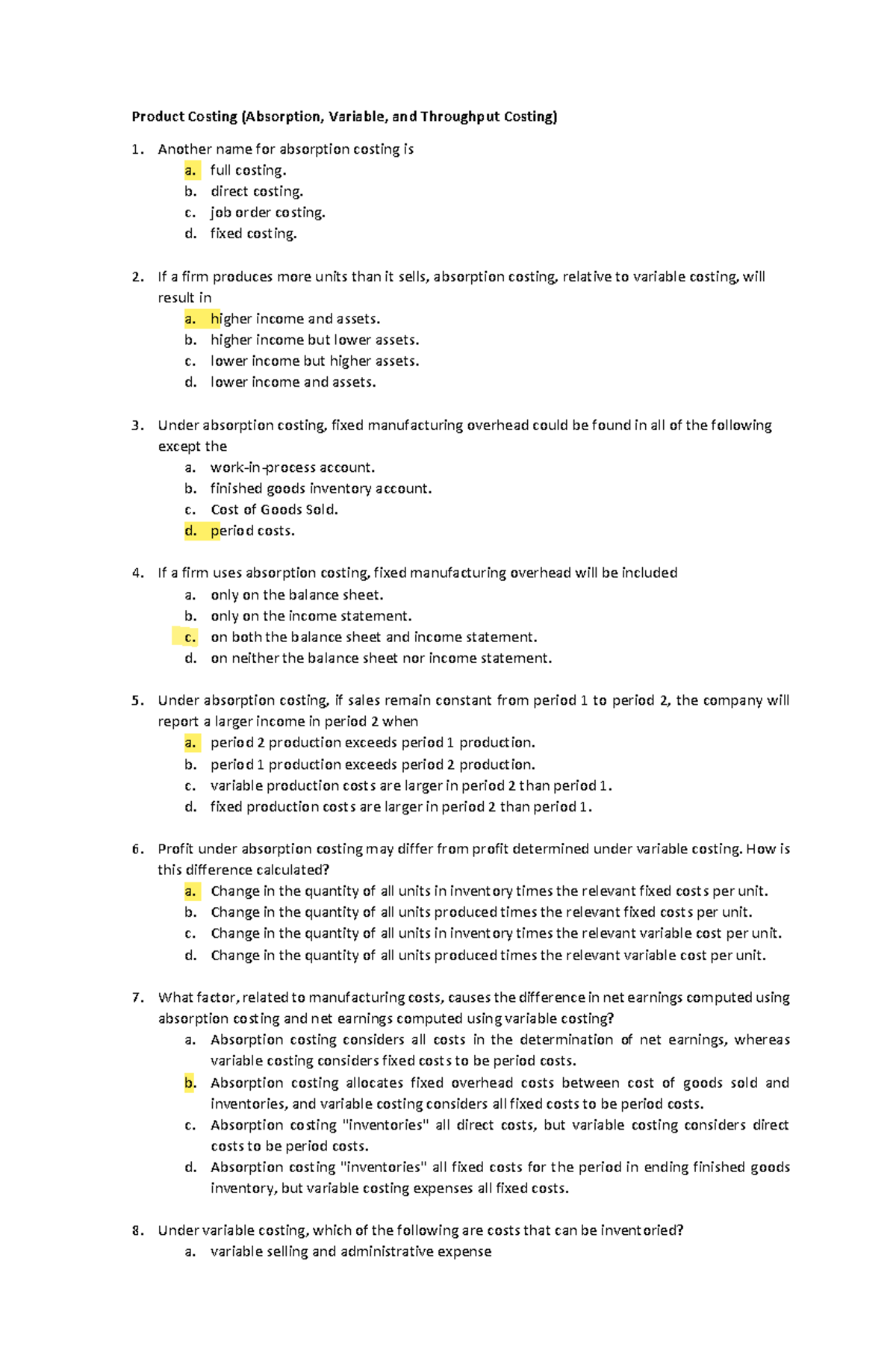 Product Costing (Assessment) - Product Costing (Absorption, Variable ...