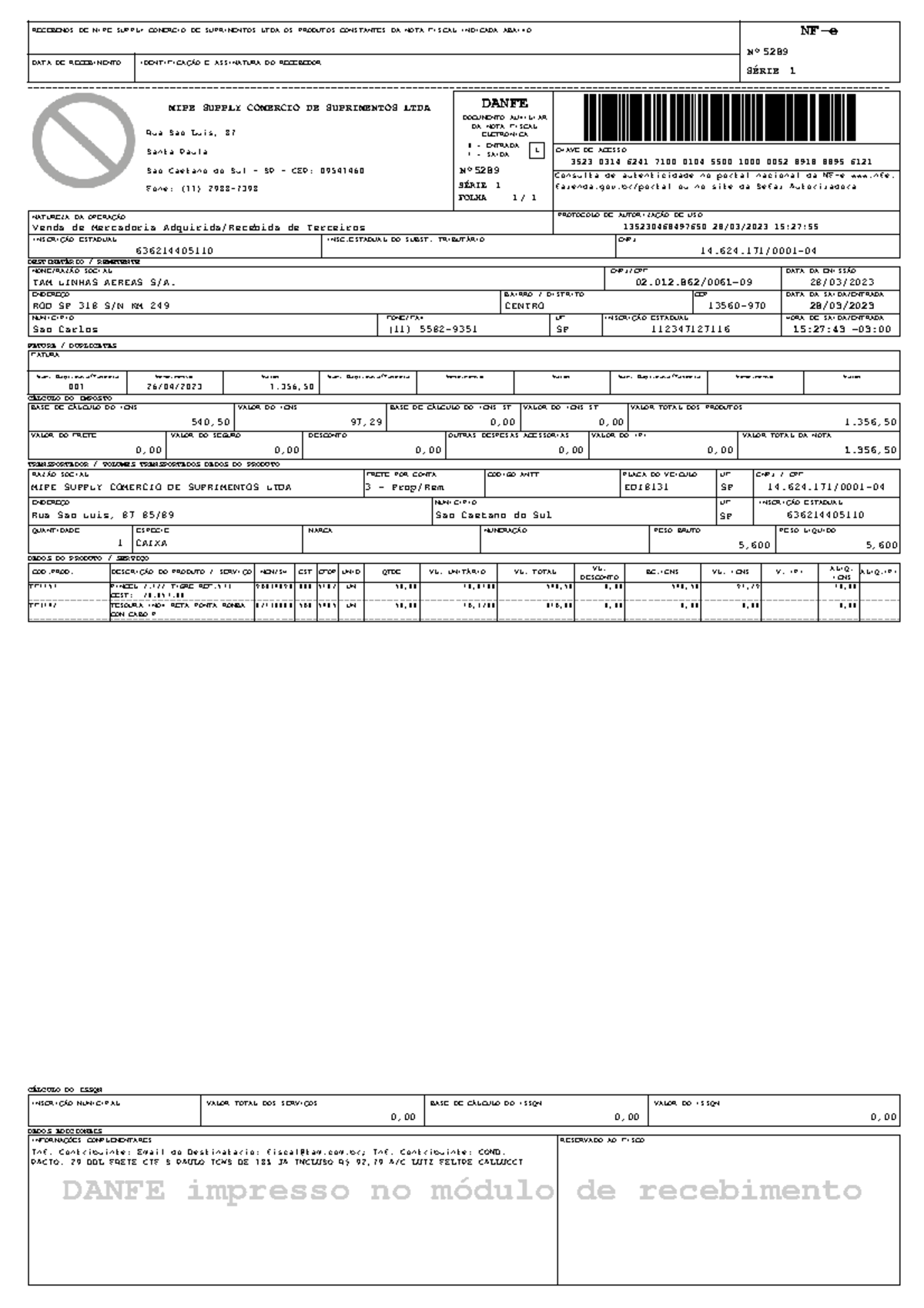 NF 5289 Mastersaf - Especificacion - DANFE impresso no módulo de ...