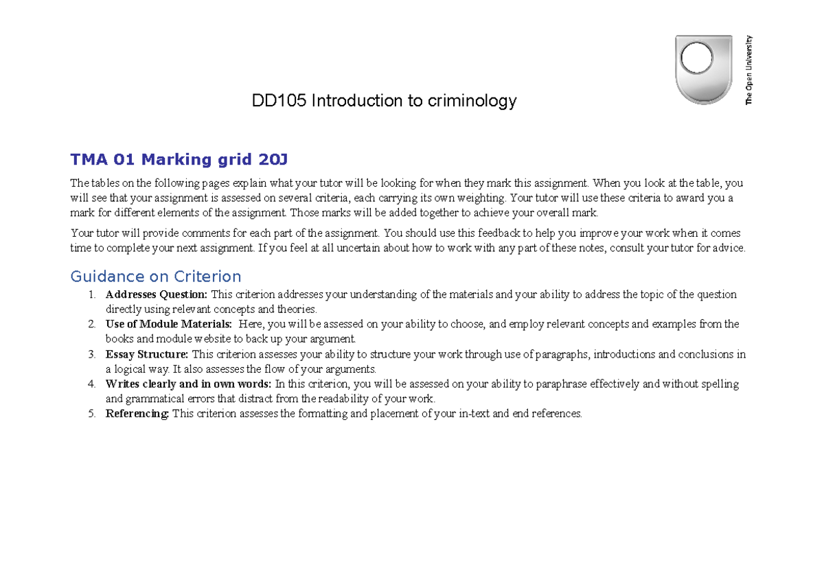 DD105 20J TMA01 grid - Completed - DD105 Introduction to criminology ...