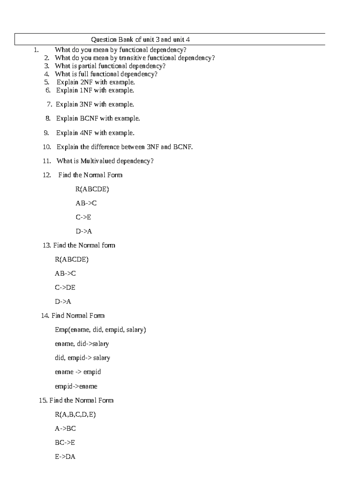 Question Bank Unit 3 and 4 - Question Bank of unit 3 and unit 4 What do you mean by functional ...