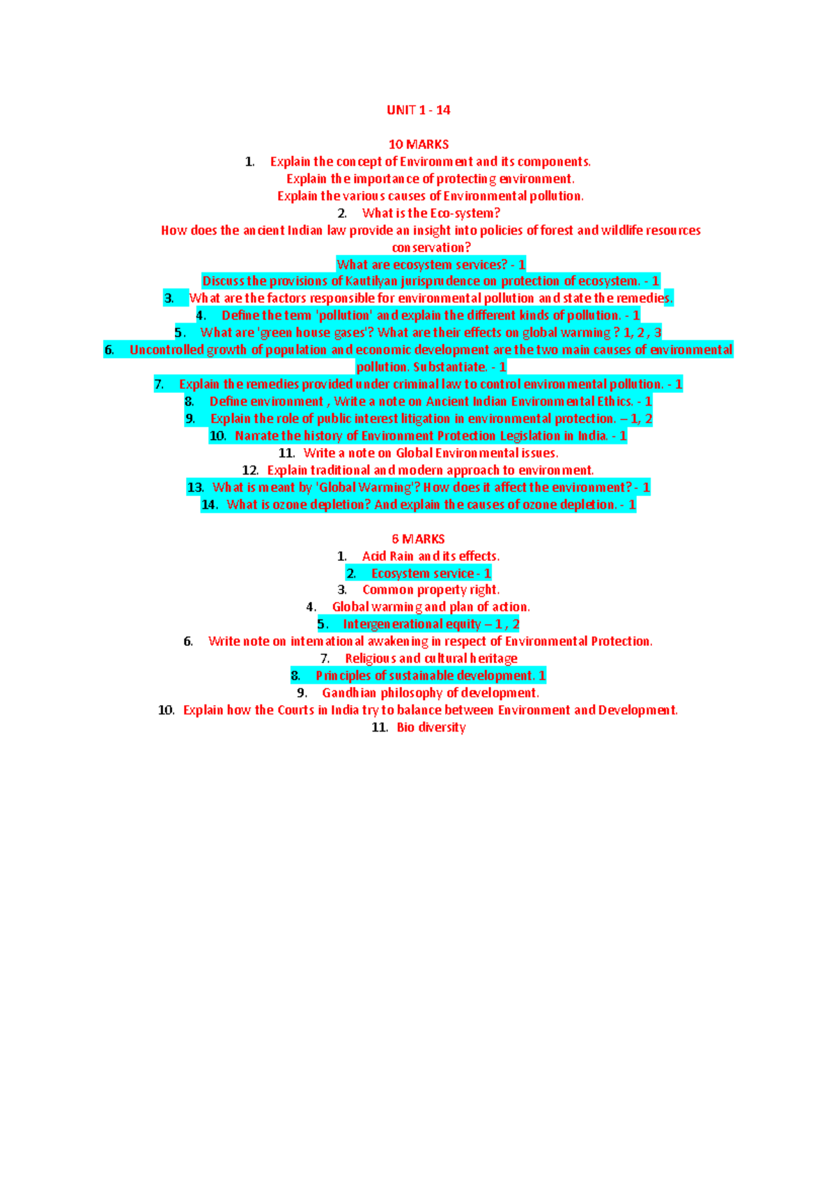 Environmental law Repeated Questions - UNIT 1 - 14 10 MARKS 1. Explain ...