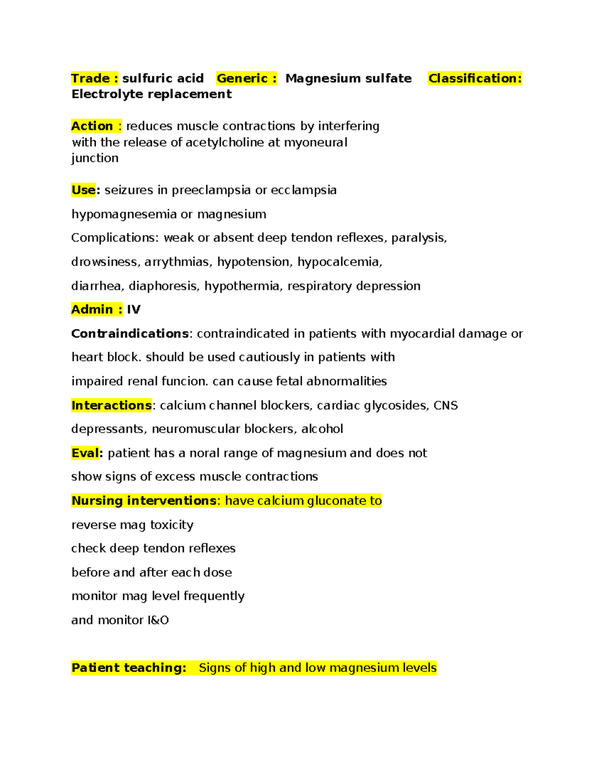 Drug cards set #2 - Trade : sulfuric acid Generic : Magnesium sulfate ...