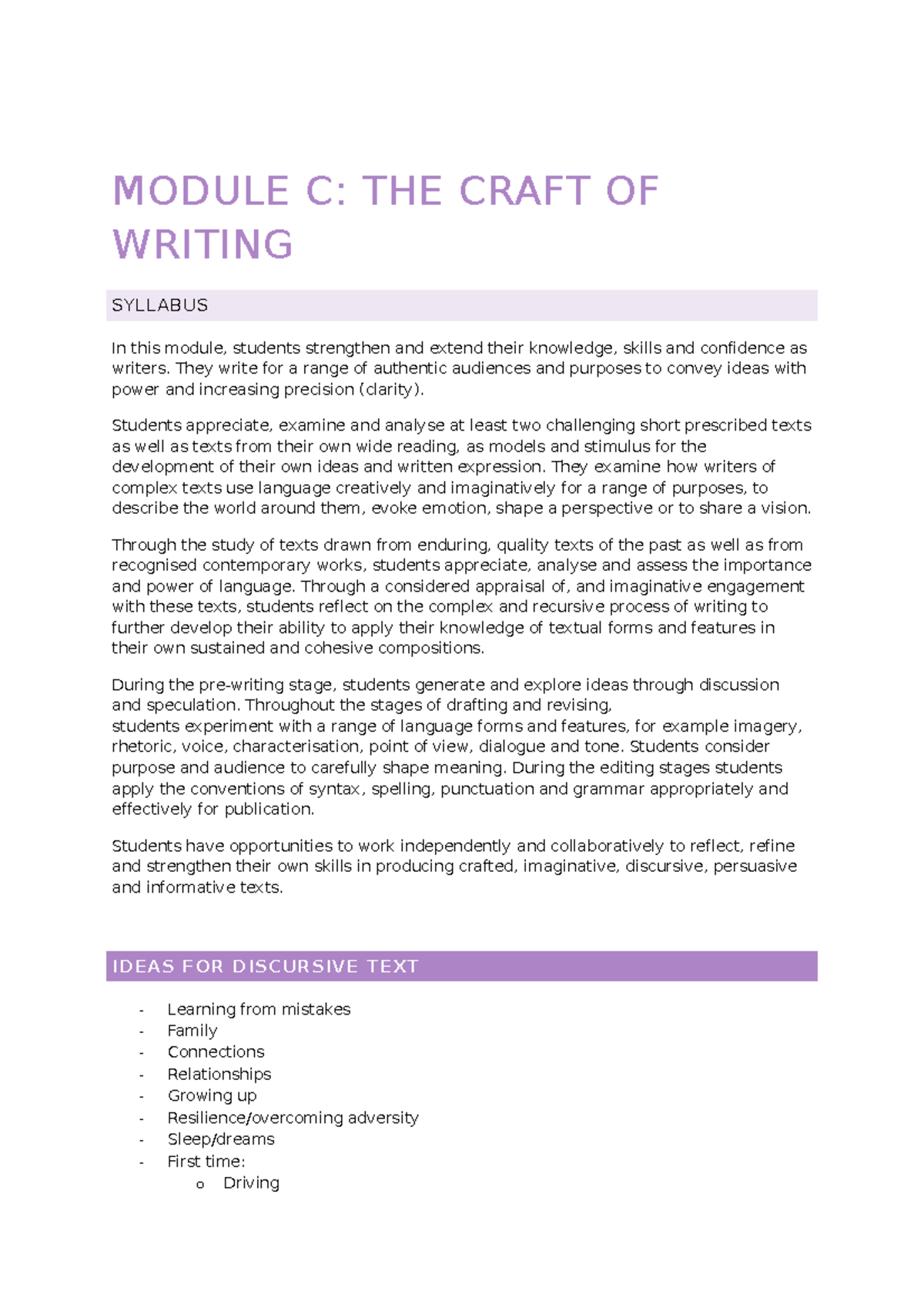 Module C class notes - MODULE C: THE CRAFT OF WRITING SYLLABUS In this ...