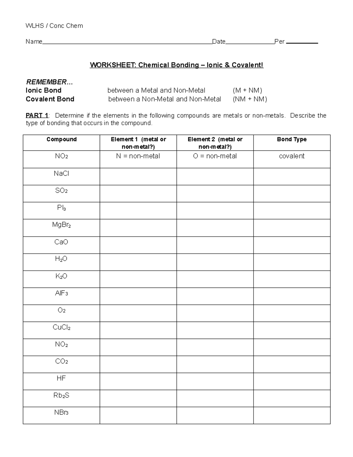 Bonding practice assignment - WLHS / Conc Chem Name Date Per WORKSHEET ...