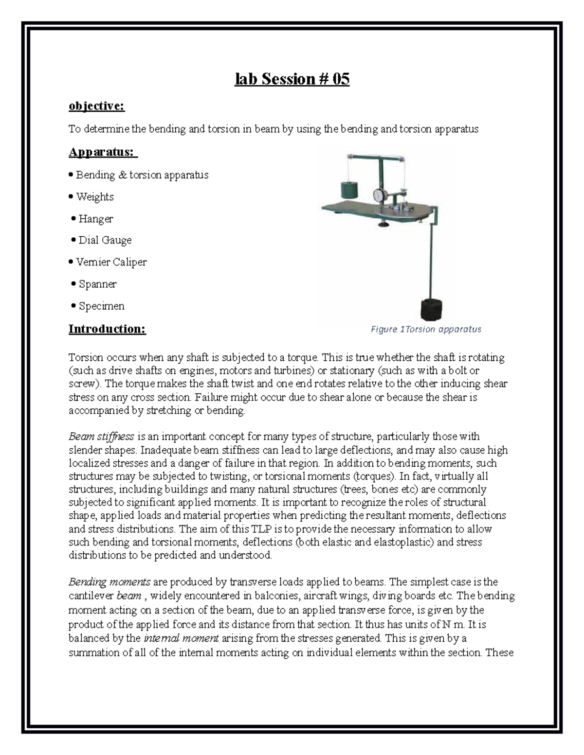 Lab session 5 mom 2 - lab report - lab Session # 05 objective: To determine the bending and ...