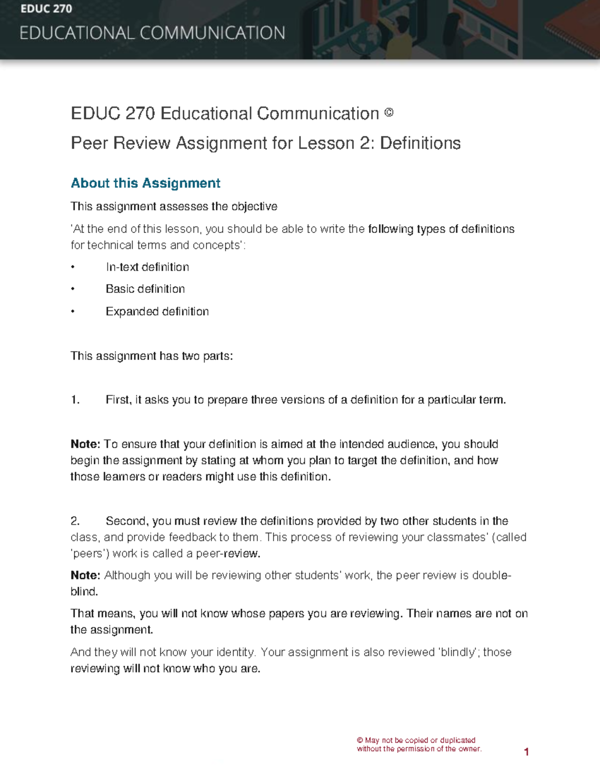 Definition Assignment Instructions - © May not be copied or duplicated ...