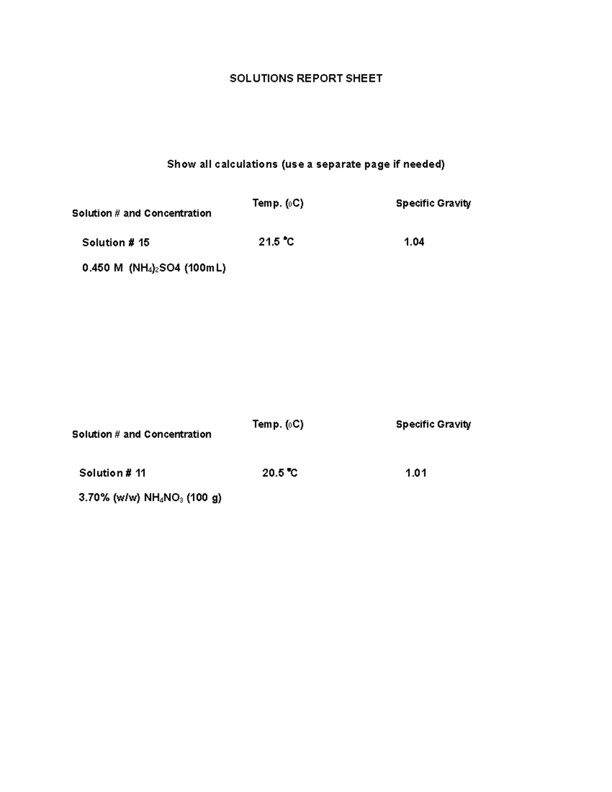Report sheet solutions - SOLUTIONS REPORT SHEET Show all calculations ...