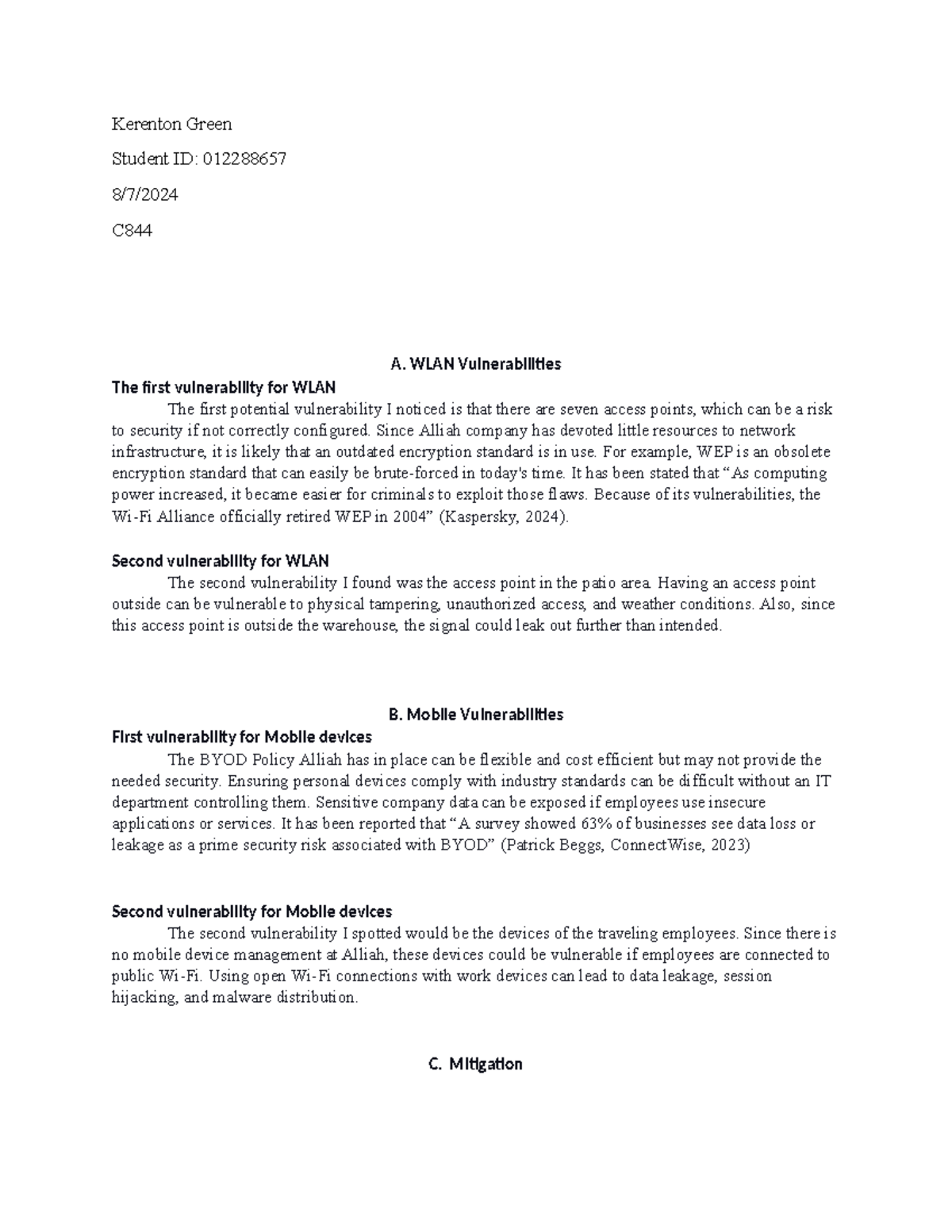 C844 Task 2 Final - Kerenton Green Student ID: 012288657 8/7/ C ...