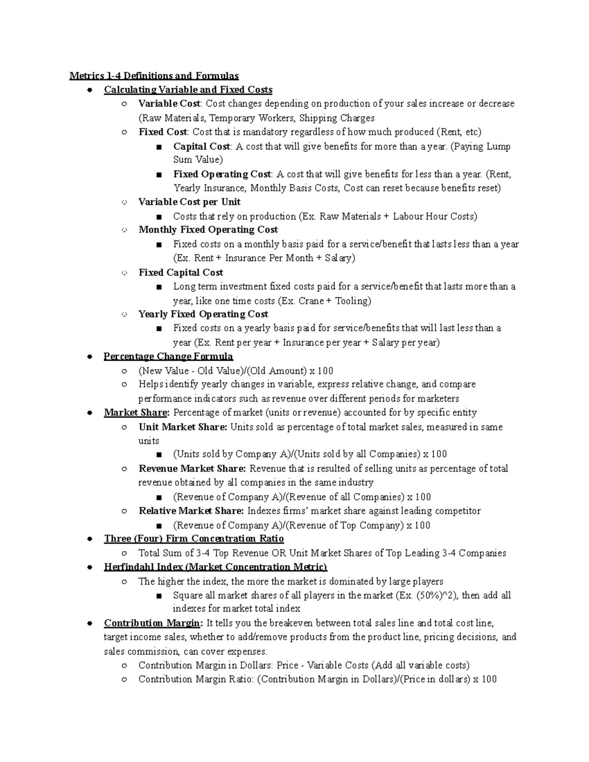Metrics 1-4 Formulas MKT - Metrics 1-4 Definitions and Formulas ...