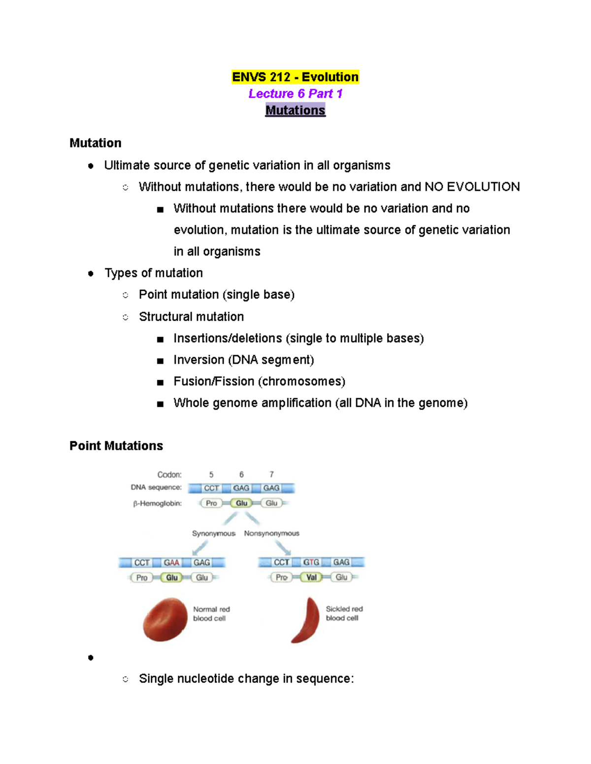 ENVS 212 Lecture 6 Part 1 - Spring 2020 - ENVS 212 - Evolution Lecture 6 Part 1 Mutations ...