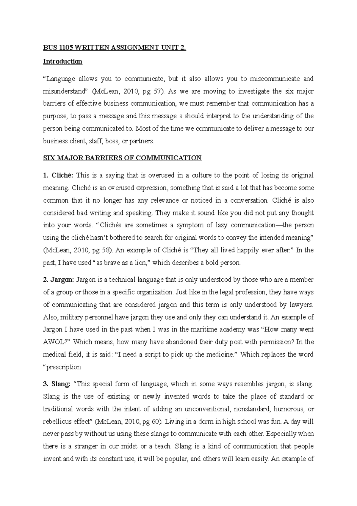 BUS Written Assignment UNIT 2 - BUS 1105 WRITTEN ASSIGNMENT UNIT 2. Introduction “Language ...