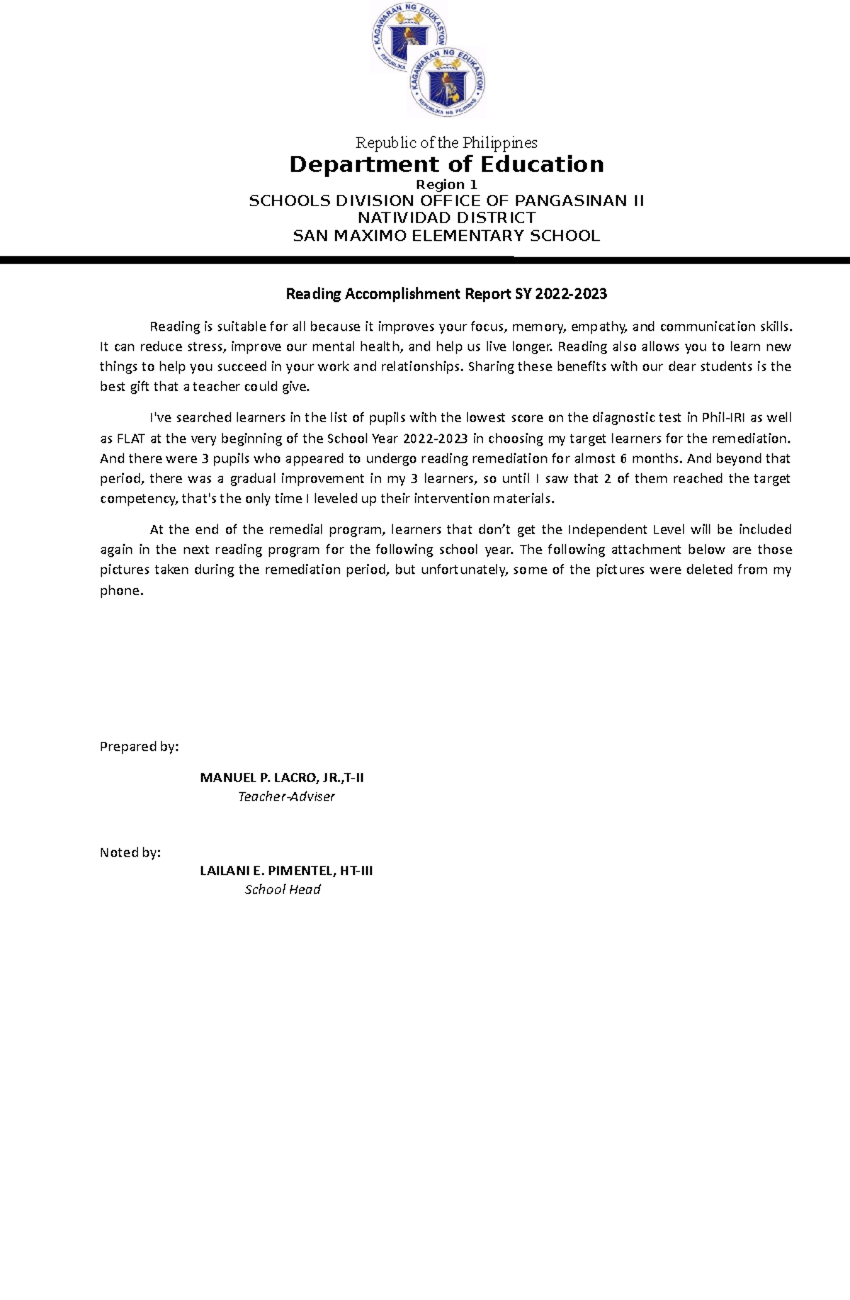 Reading Accomplishment Report 2022-2023 - Republic of the Philippines ...