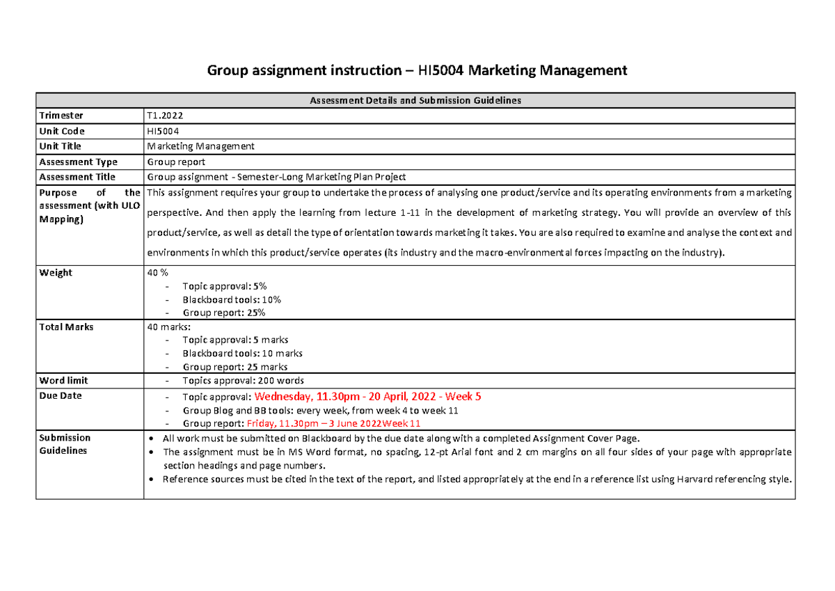 HI5004 Group Assignment Guideline T1 - Group assignment instruction – HI5004 Marketing ...