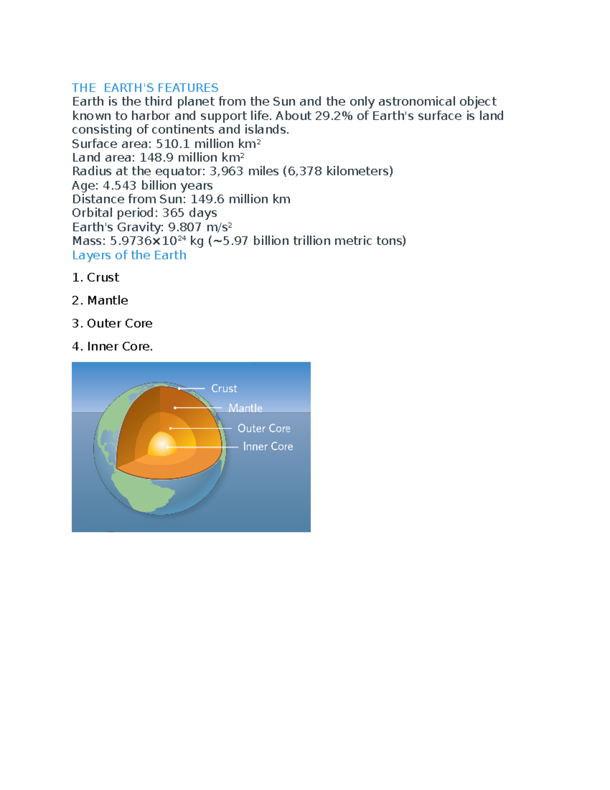 Geology module 1 .2 lecture - THE EARTH'S FEATURES Earth is the third ...