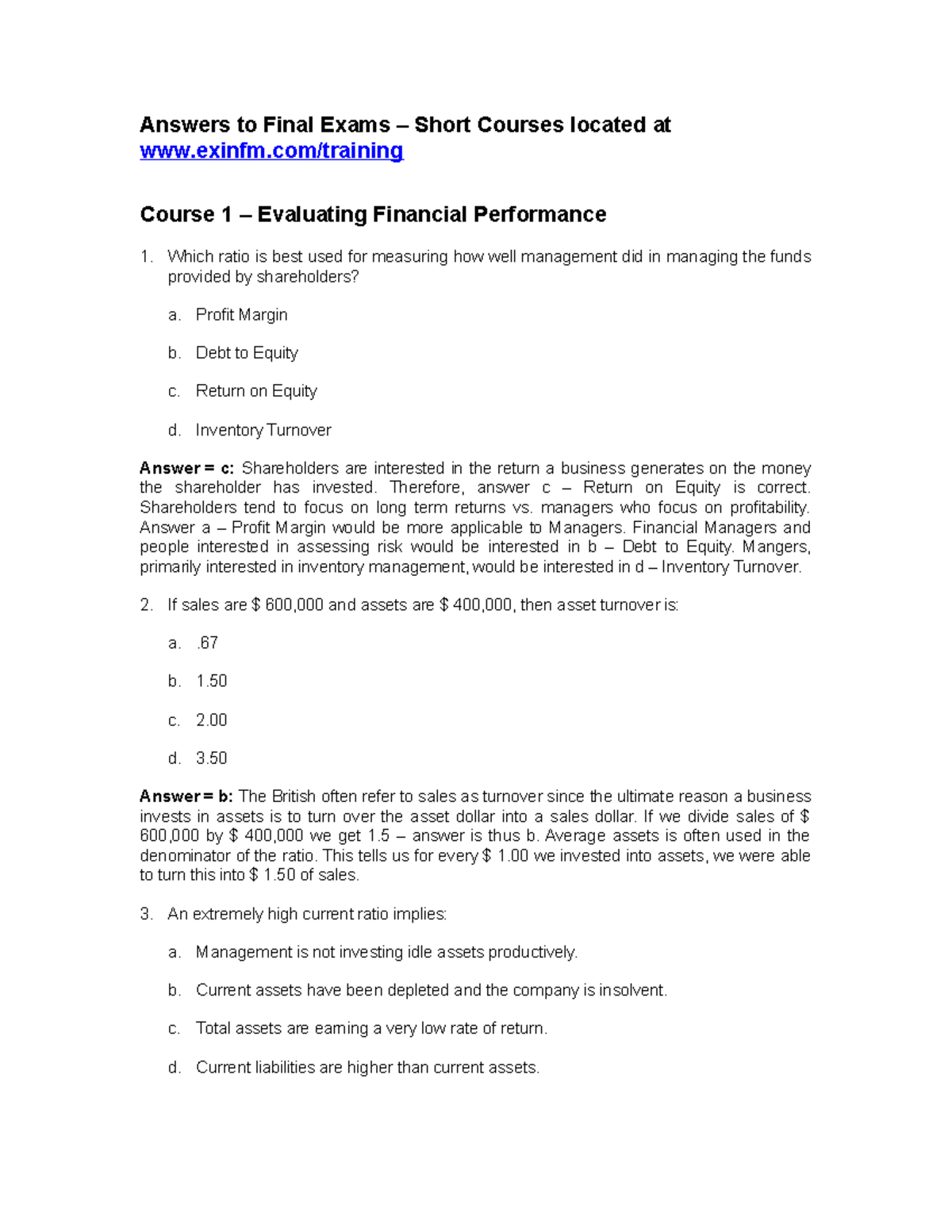 Answers to Final Exams - Financial Management Practice Exercise ...