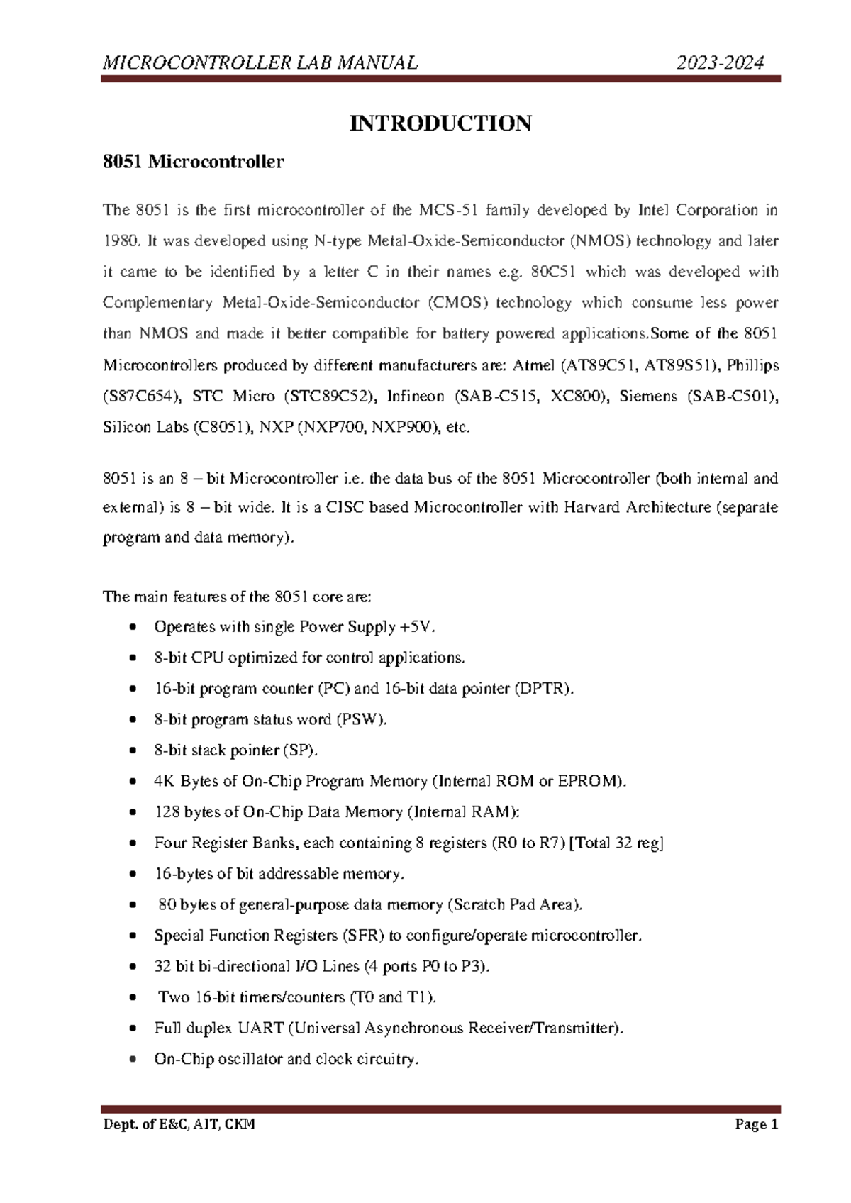 Microcontroller manual-1 - INTRODUCTION 8051 Microcontroller The 8051 is the first ...