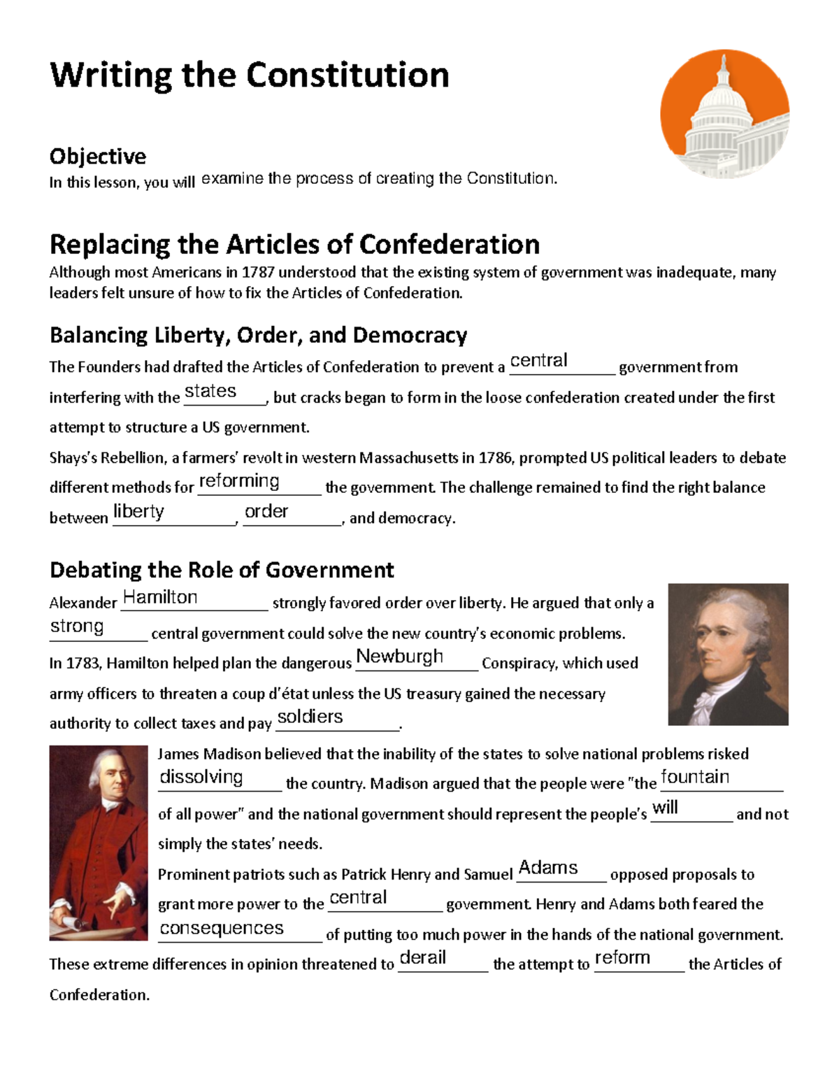 Wrting the Consitution Notes - Writing the Constitution Objective In ...