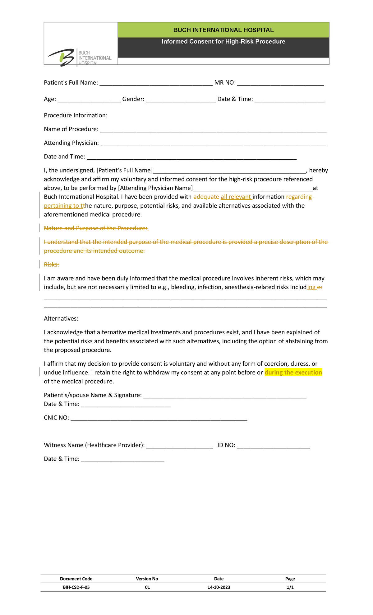 Informed Consent for High-Risk Procedure - BUCH INTERNATIONAL HOSPITAL ...