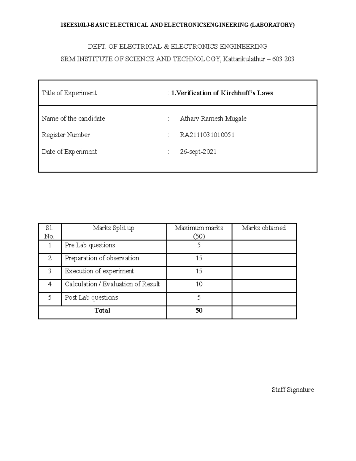 BEEE Exp 1 - To verify Kirchhoff’s current law and Kirchhoff’s voltage law for the given - DEPT ...