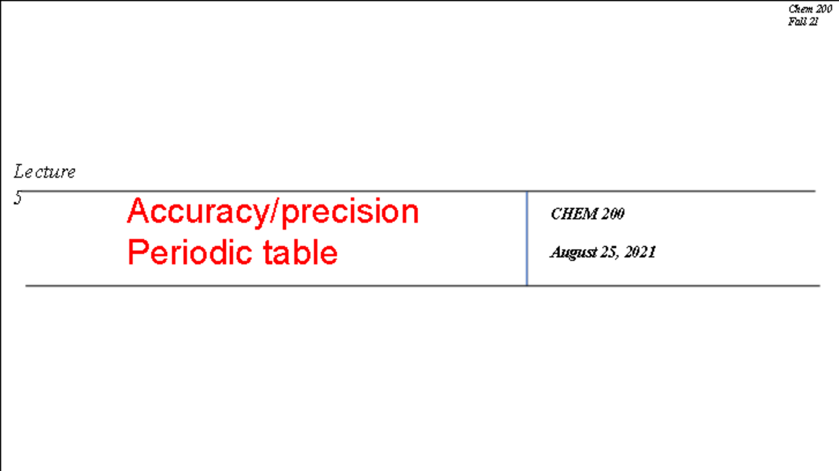 Accuracy/precision, Periodic Table- Lecture 5 - Fall 21 CHEM 200 August ...