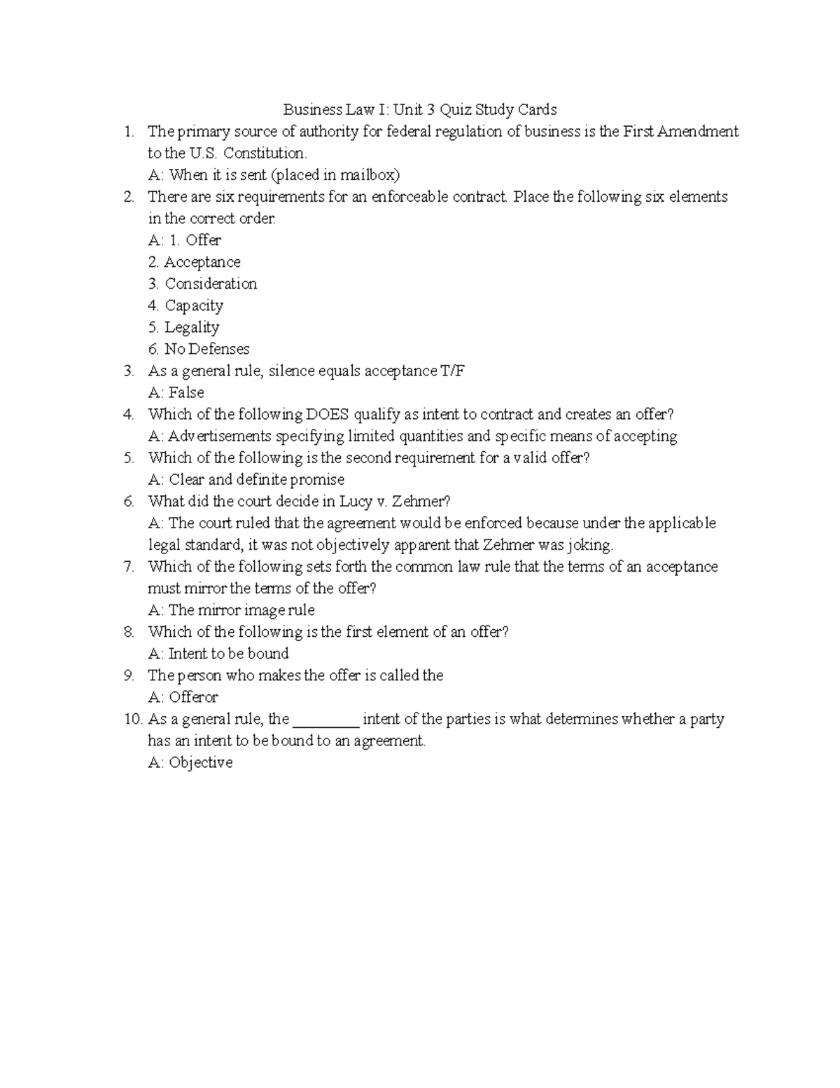 Business Law I Unit 3 Quiz Study Cards - Constitution. A: When it is ...