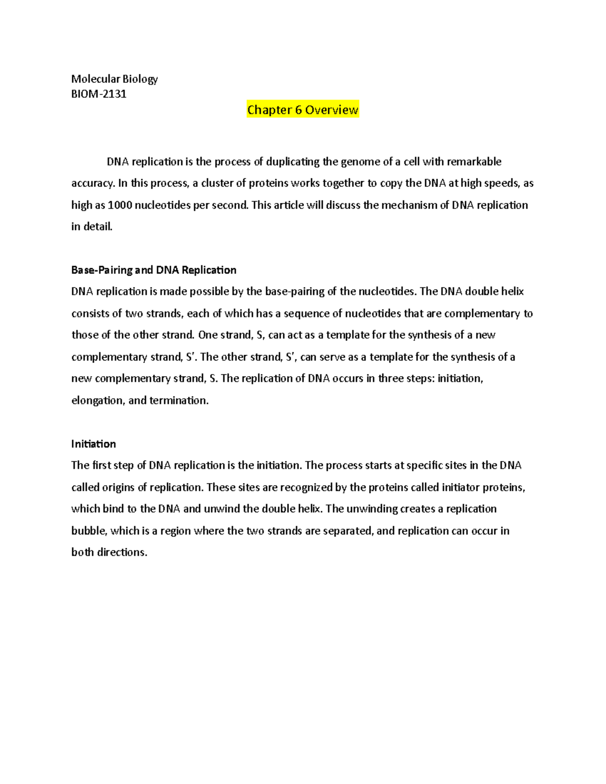Molecular Biology Chapter 6 Overview - Molecular Biology BIOM- Chapter ...